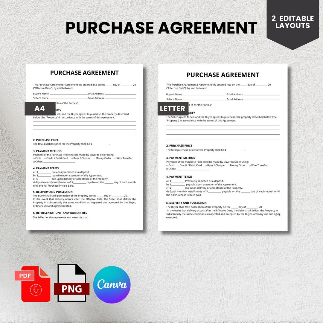 Purchase Agreement Template | Printable Contract | Editable Legal ...