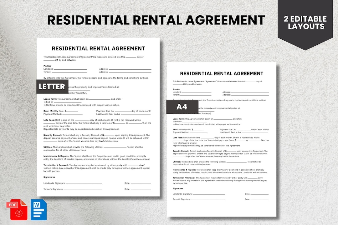 Editable Residential Rental Agreement Template: Landlord Lease (word ...