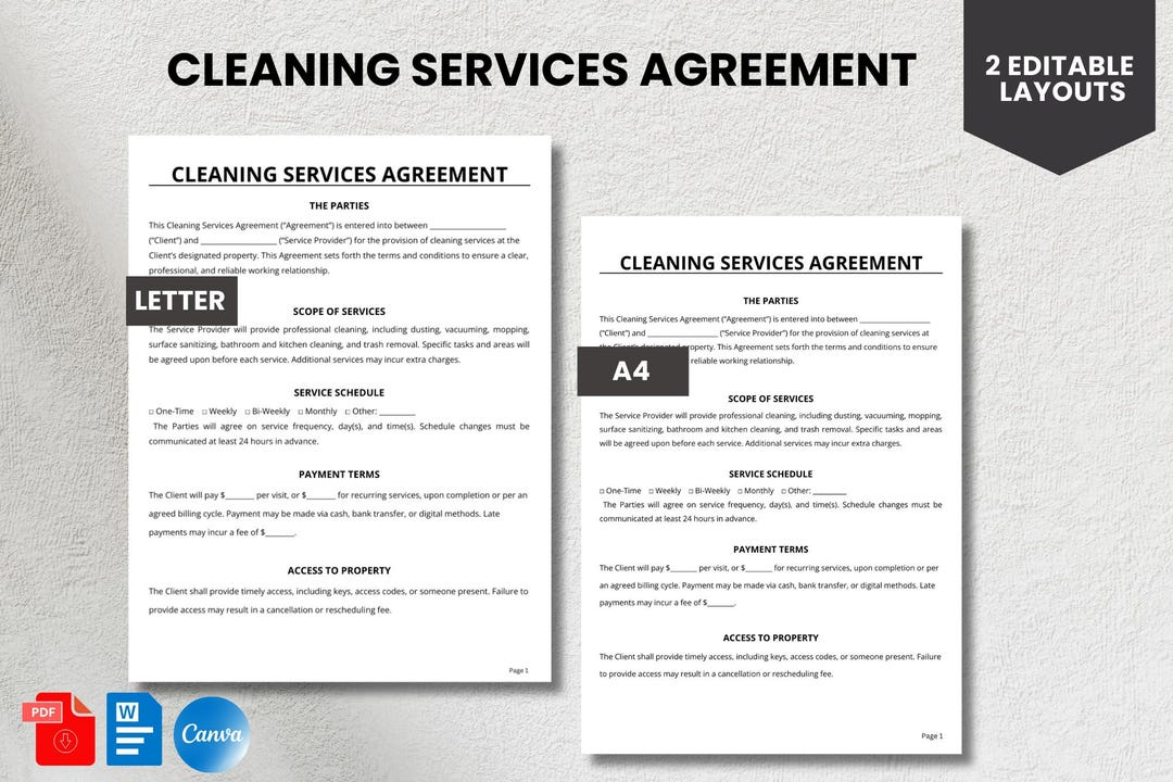 Cleaning Services Agreement Template | Editable Contract PDF Word Canva ...