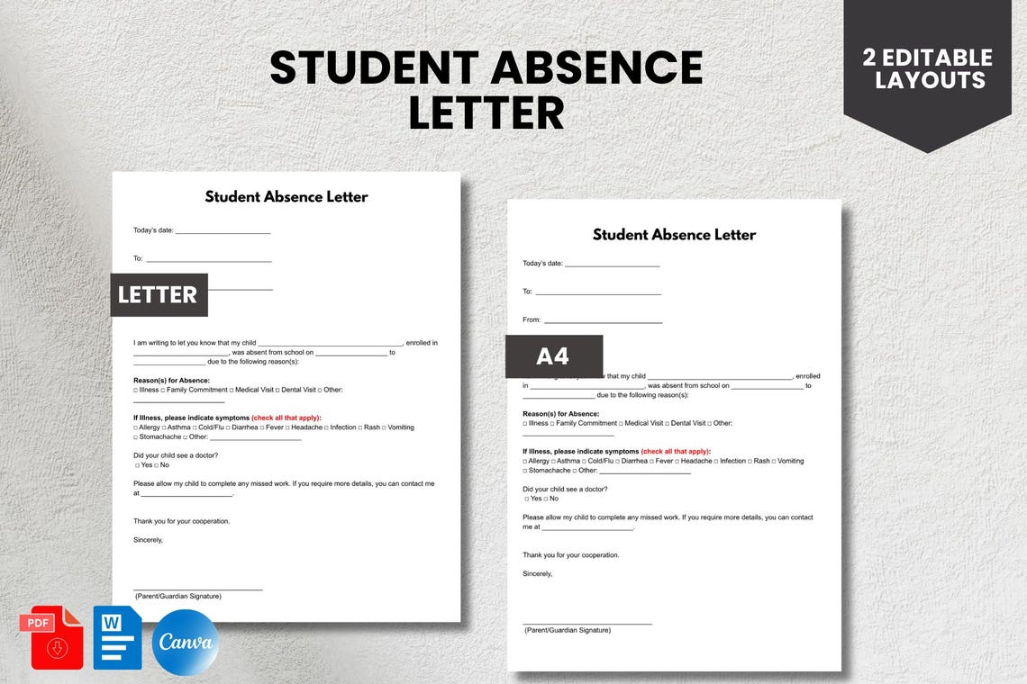 Student Absence Letter Template: Printable School Excuse (canva, Word ...