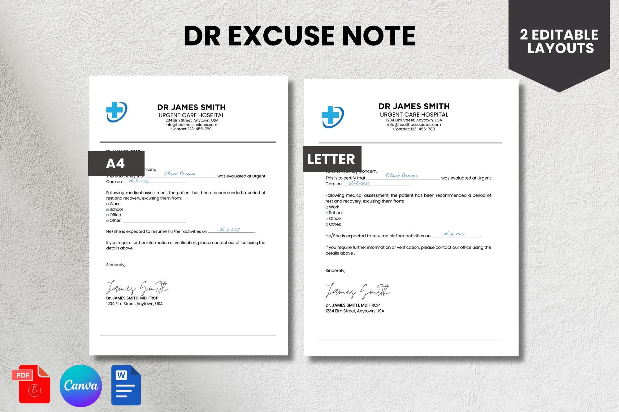 Editable Doctor Excuse Note Template (work, School, Office), Medical ...