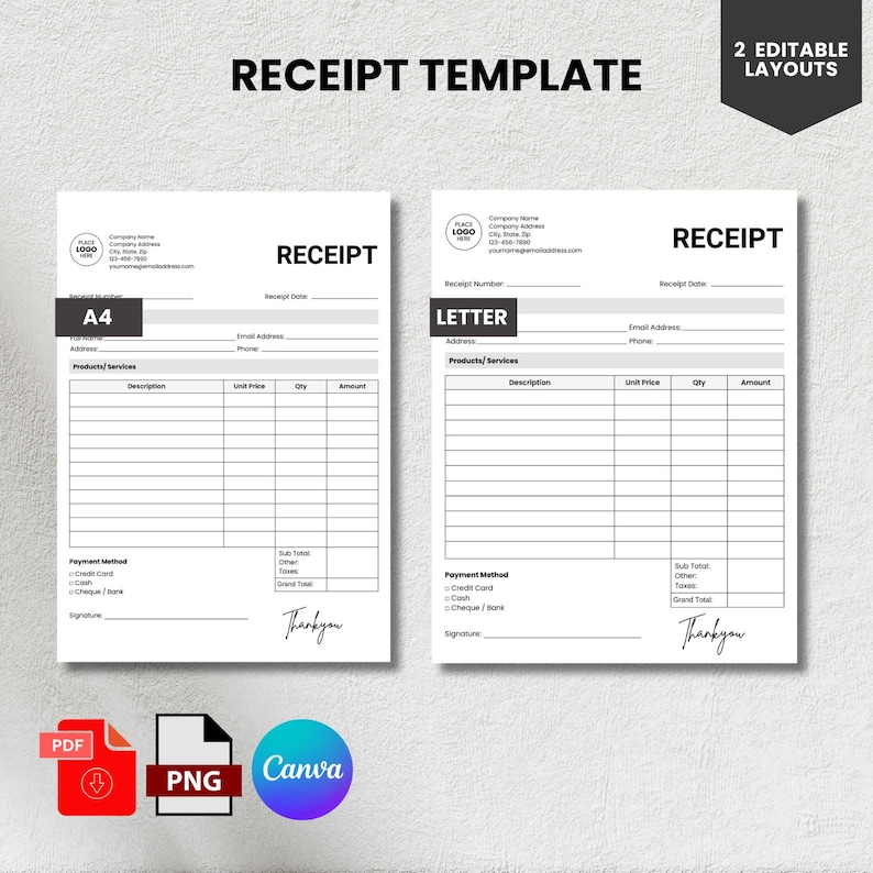 Modèle de reçu modifiable - Facture Canva, A4 et lettre US ...