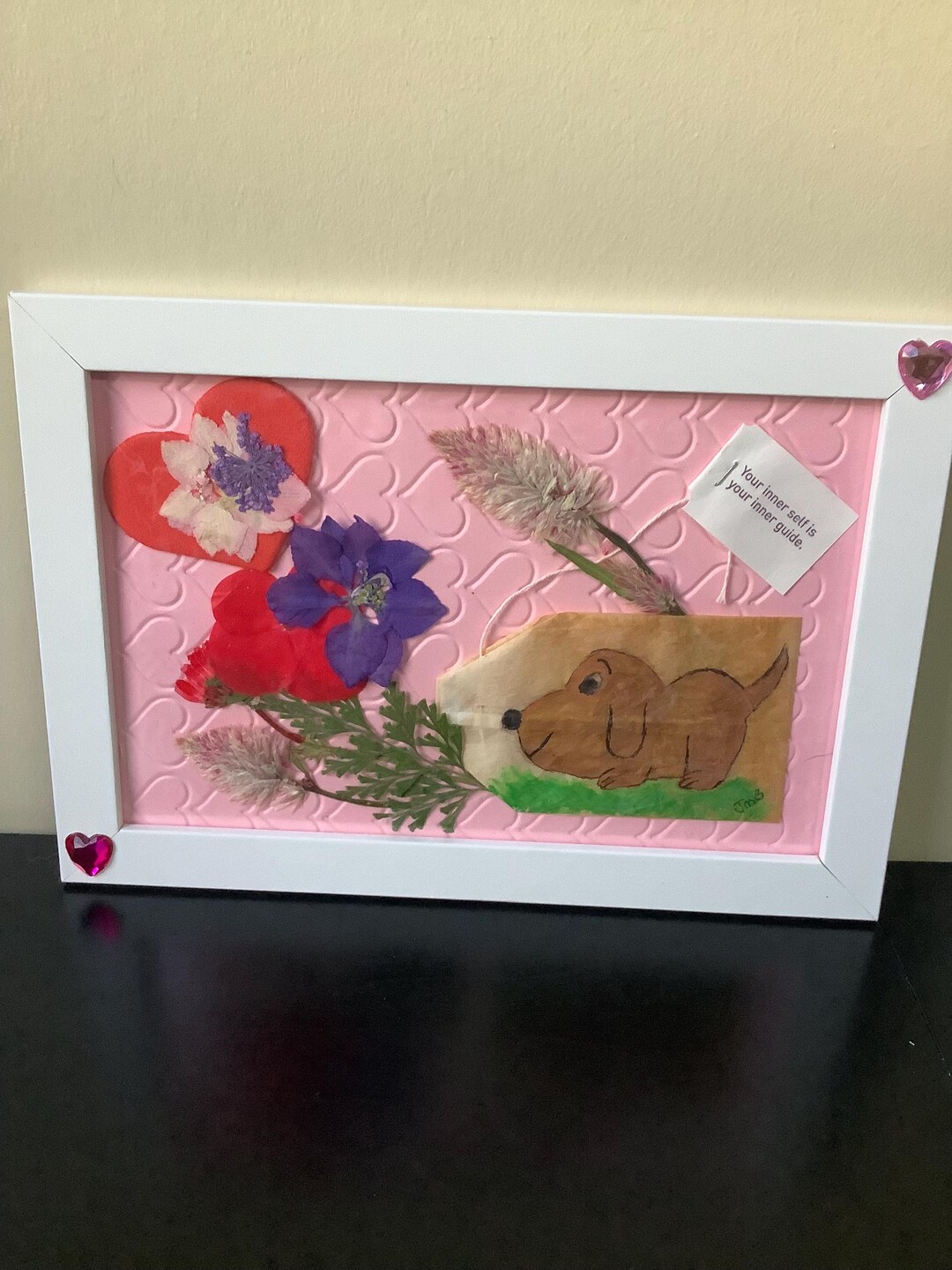 Fun Whimsy Dog and Multi Colored Flowers and Greenery Heart Tea Bag Art ...