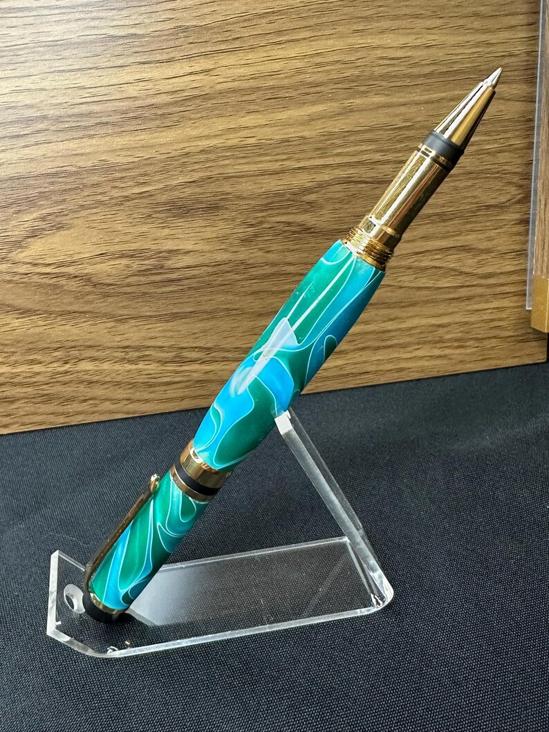 Handcrafted Rollerball Pen, Aqua Acrylic W/ Green Swirl, Gold Hardware ...