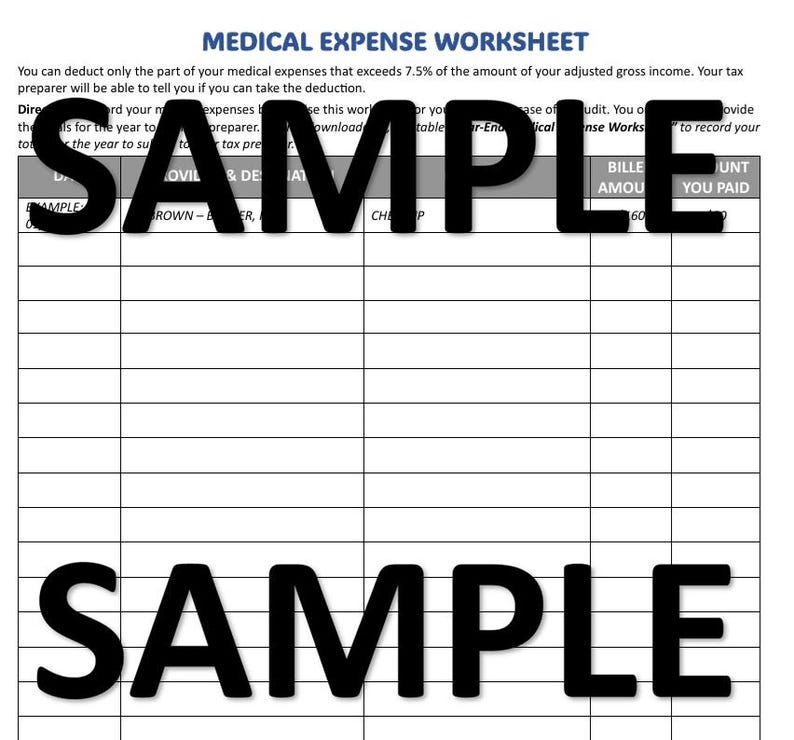 Medical Expense Worksheet - Etsy