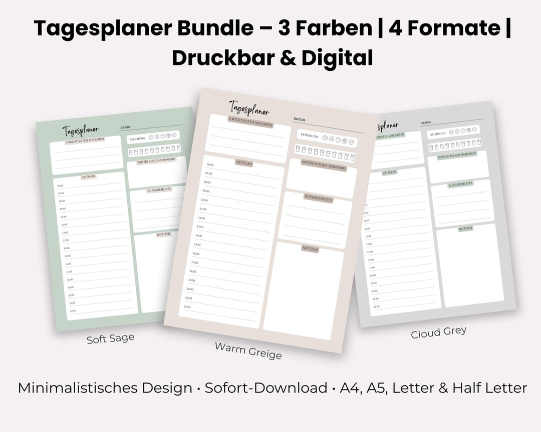 Daily Planner Printable PDF | German | Minimalist Design in 3 Colors ...
