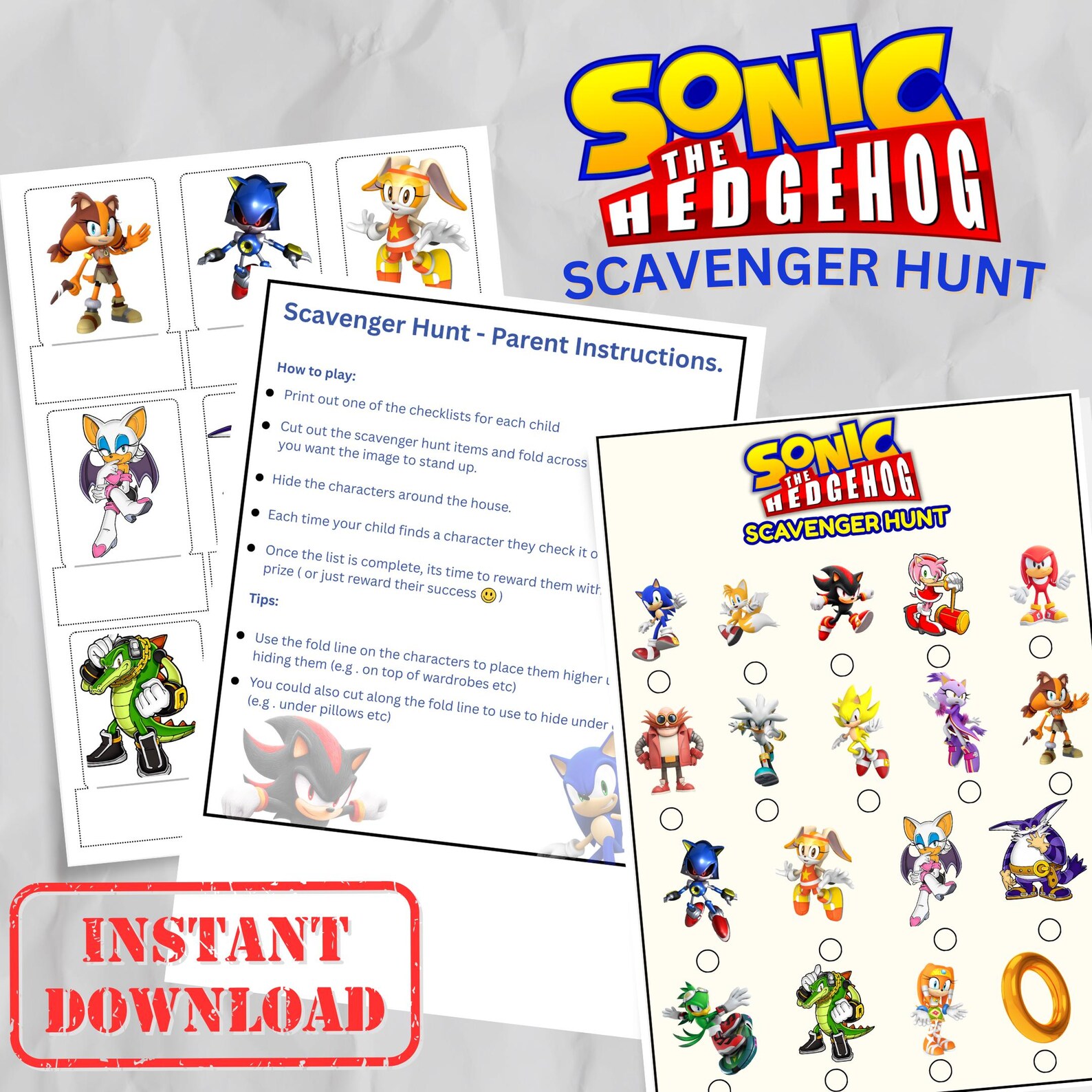 Sonic Scavenger Hunt Printable Game .stand-up Characters, Fun Party ...