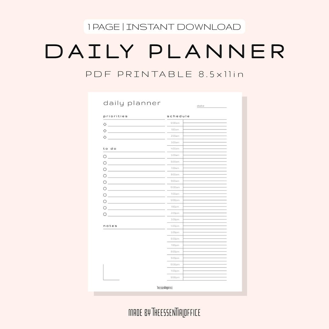 24-hour Daily Planner Printable | Minimalist To-do List (digital ...