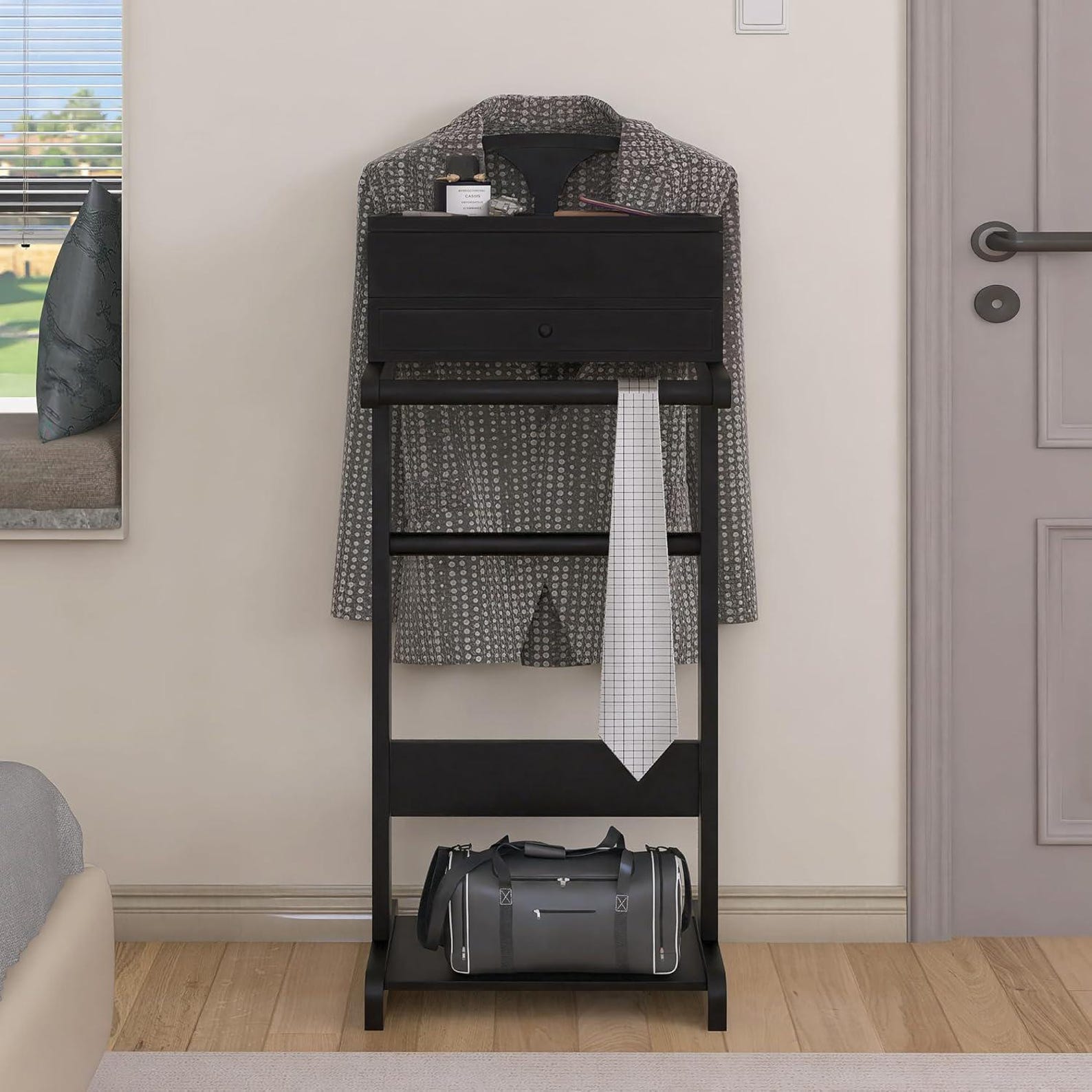 Wooden Valet Stand for Men & Women, Clothing Rack With Drawer, Shoe ...