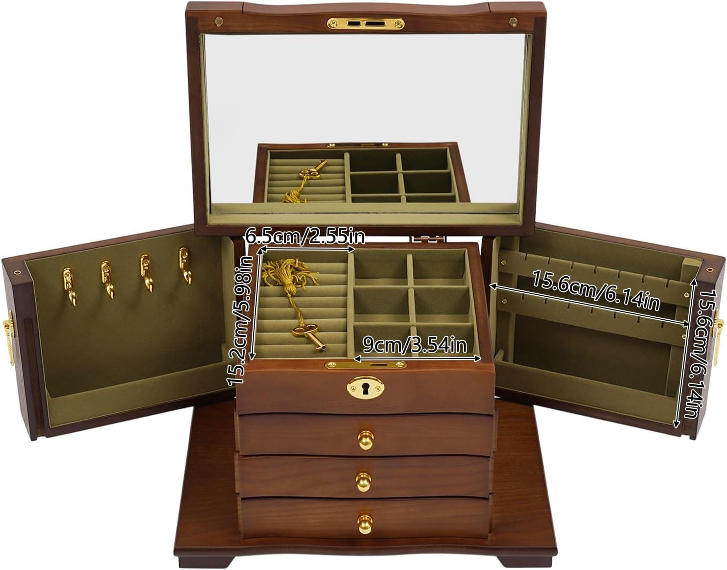 Large Wooden Jewelry Box With Mirror & Lock | Multi-layer Organizer for ...