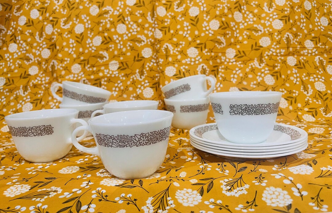 Vintage Milk Glass Pyrex Woodland Tea Cups and Saucers - Etsy