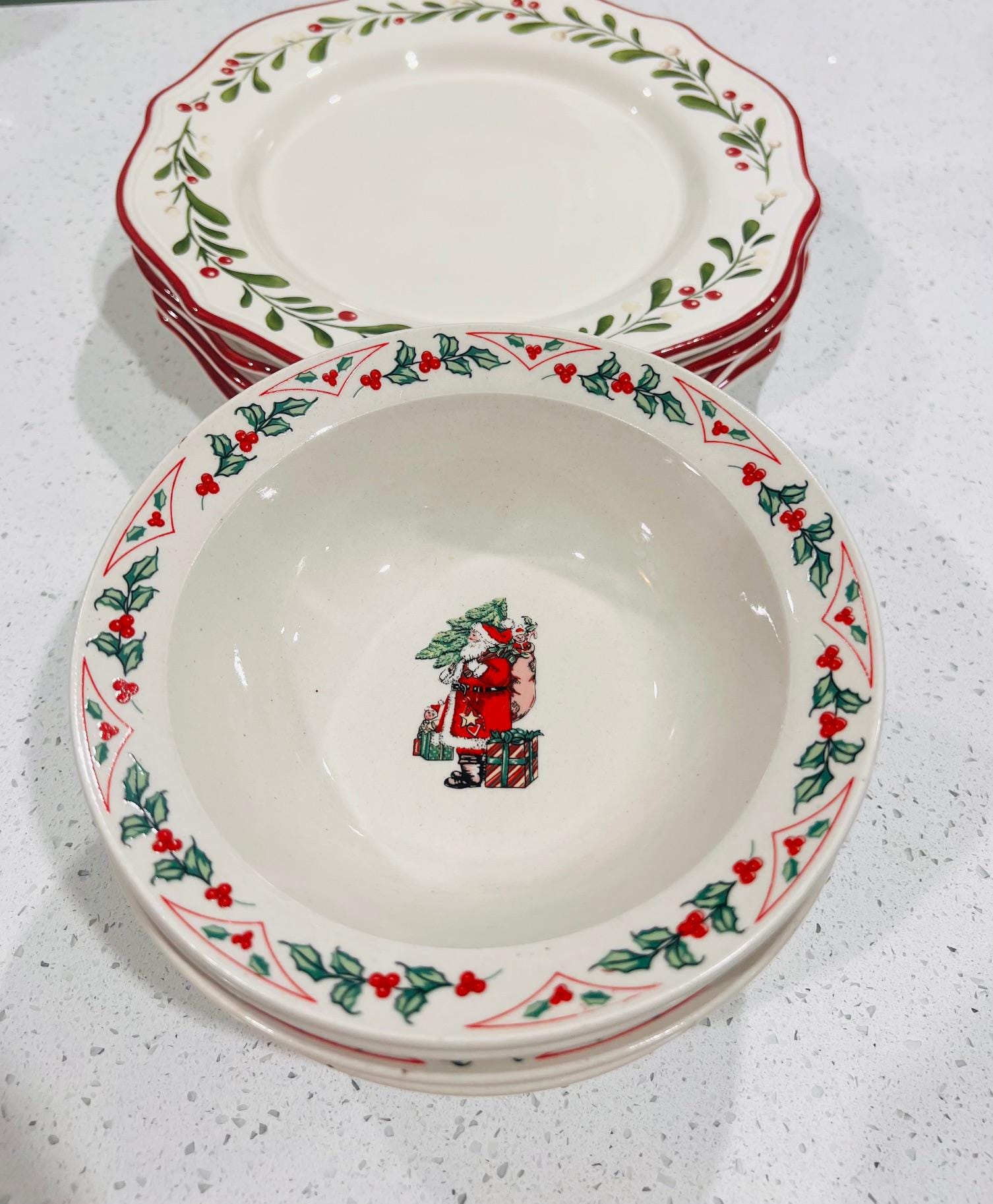 Vintage Christmas Dinnerware Set: Santa, Holly & Berry Bowls and Plates ...