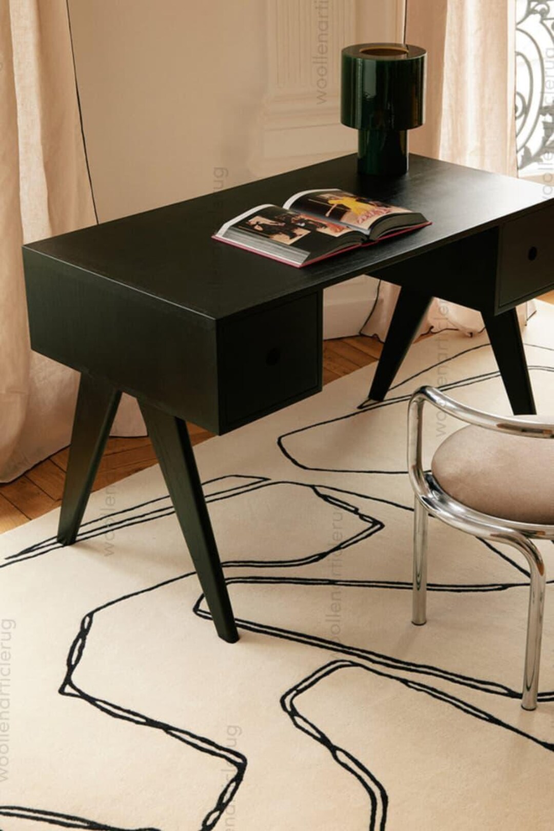 Hand Tufted Wool Abstract Line Art Rug Ivory Black Modern Handmade Area ...