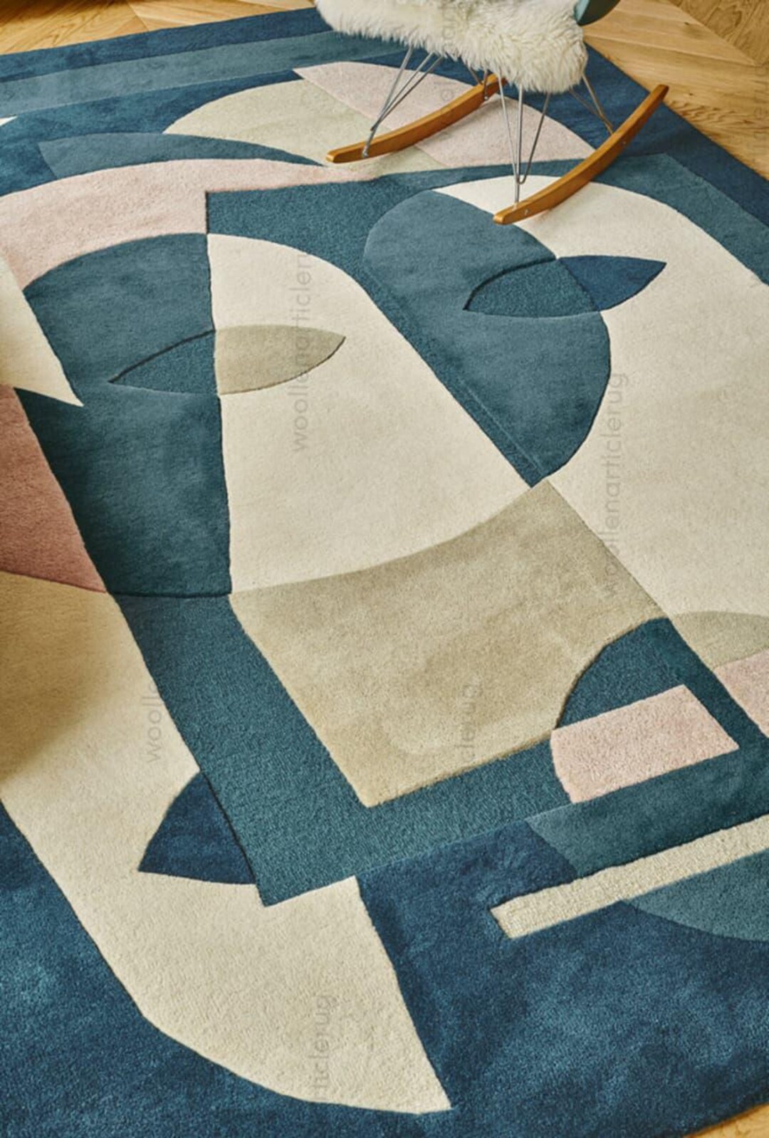 Luxury Hand Tufted Wool Abstract Face Rug Teal Blue Modern Cubist ...