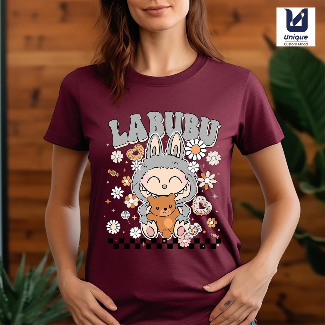 Labubu With Teddy Bear T-shirt: Kawaii Floral Fantasy Tee - Etsy