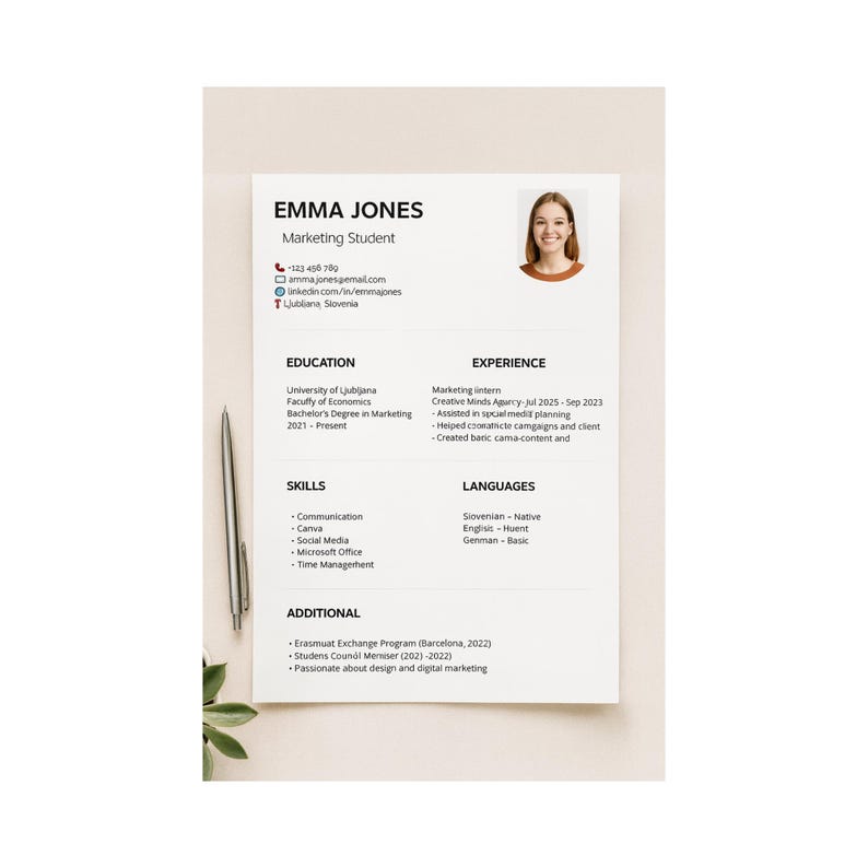 Student Resume Template – Simple One-page Canva CV – Modern Editable ...