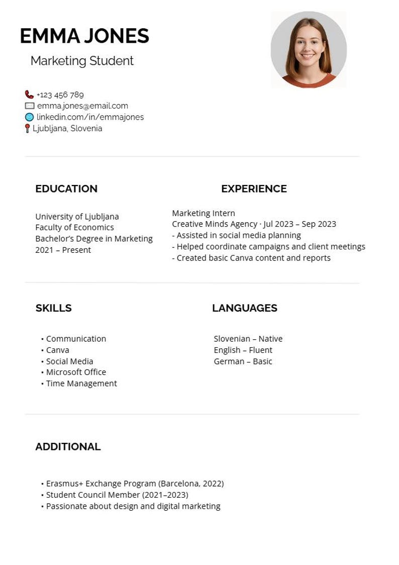 Student Resume Template – Simple One-page Canva CV – Modern Editable ...