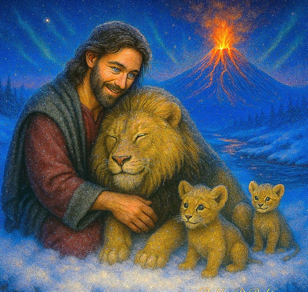 Jesus With Lion Cubs Art: Peaceful Mountain Landscape - Etsy