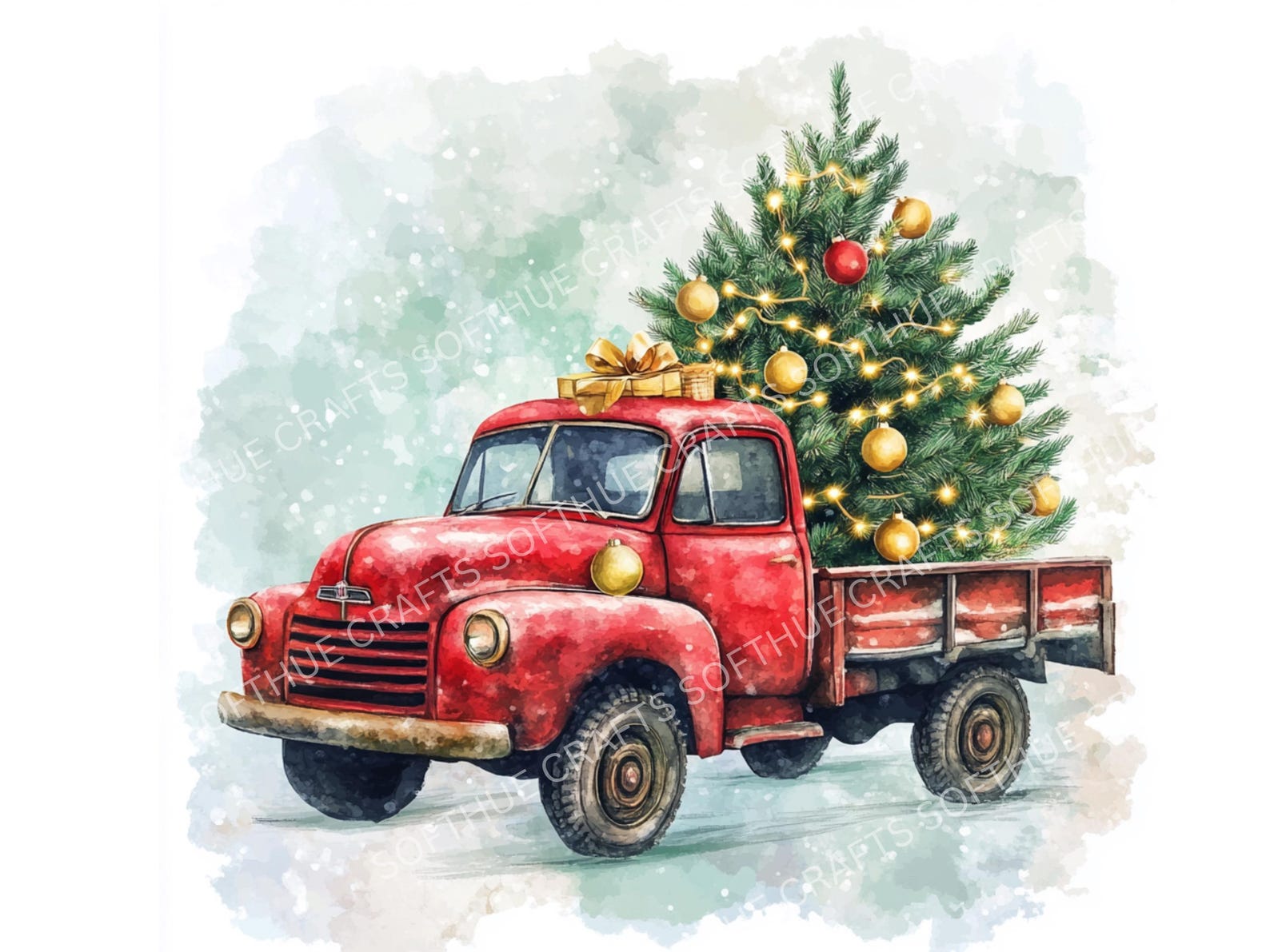 10 Watercolor Christmas Truck Clip Art: Nostalgic Winter Scene Png ...