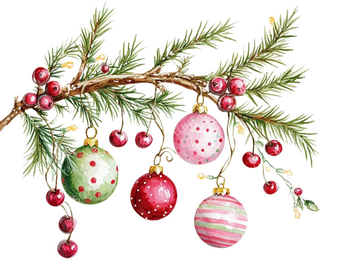 10 Watercolor Christmas Ornament Clipart: Holiday Decor PNG Images ...