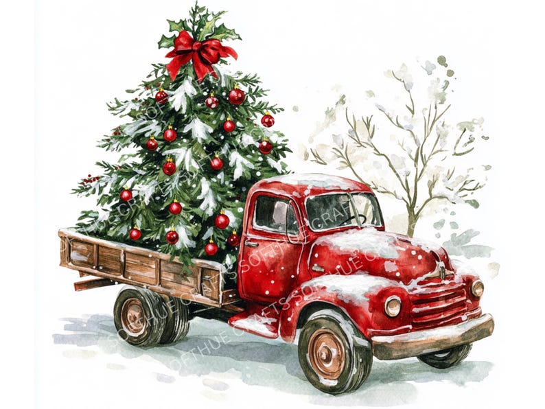 10 Watercolor Christmas Truck Clip Art: Nostalgic Winter Scene Png ...