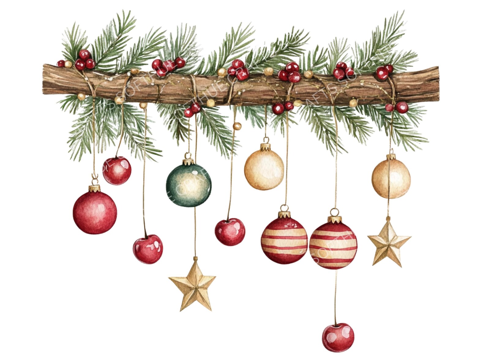 10 Watercolor Christmas Ornament Clipart: Holiday Decor PNG Images ...