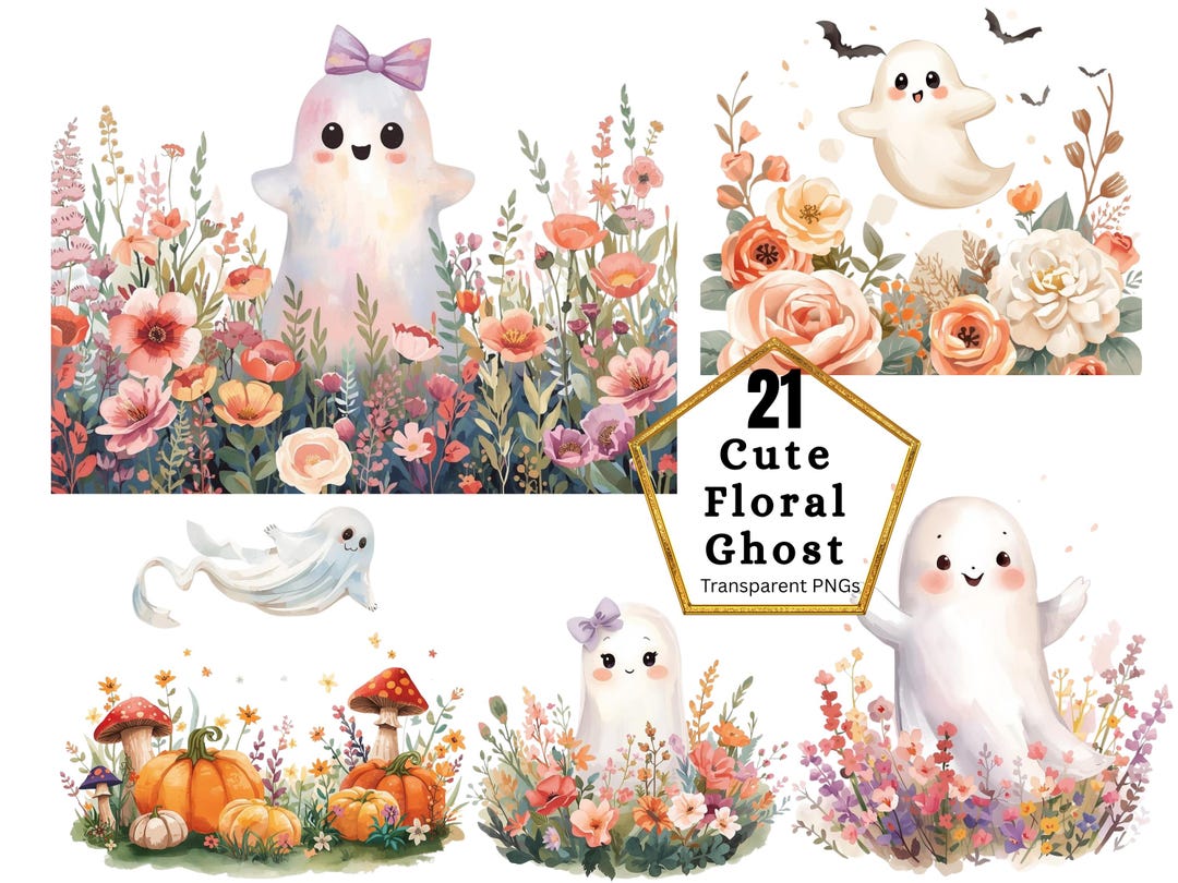 21 Watercolor Cute Halloween Ghost in Flowers Clipart, Floral Ghost PNG ...