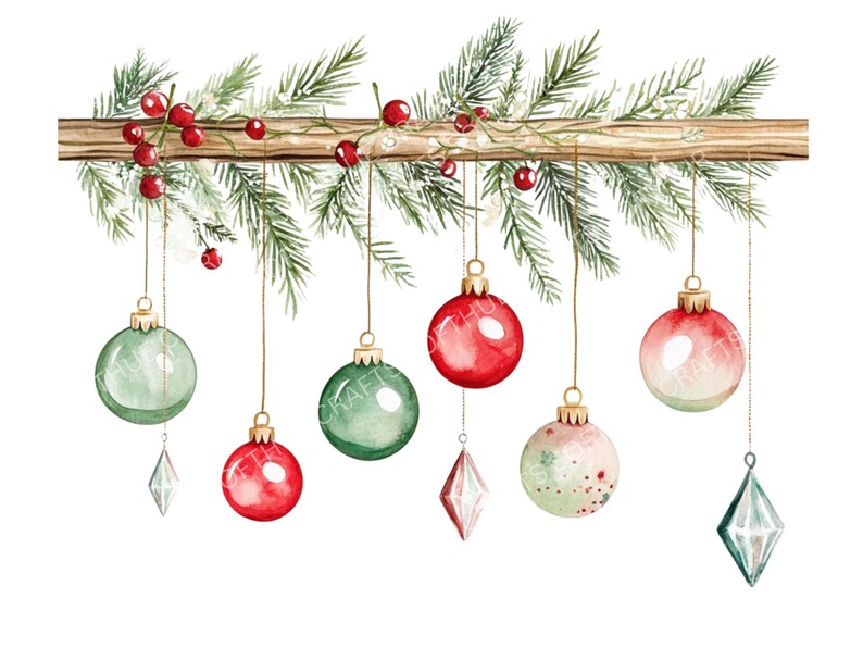 10 Watercolor Christmas Ornament Clipart: Holiday Decor PNG Images ...