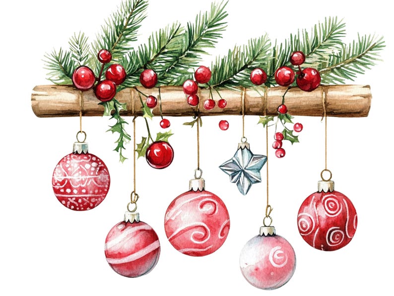 10 Watercolor Christmas Ornament Clipart: Holiday Decor PNG Images ...