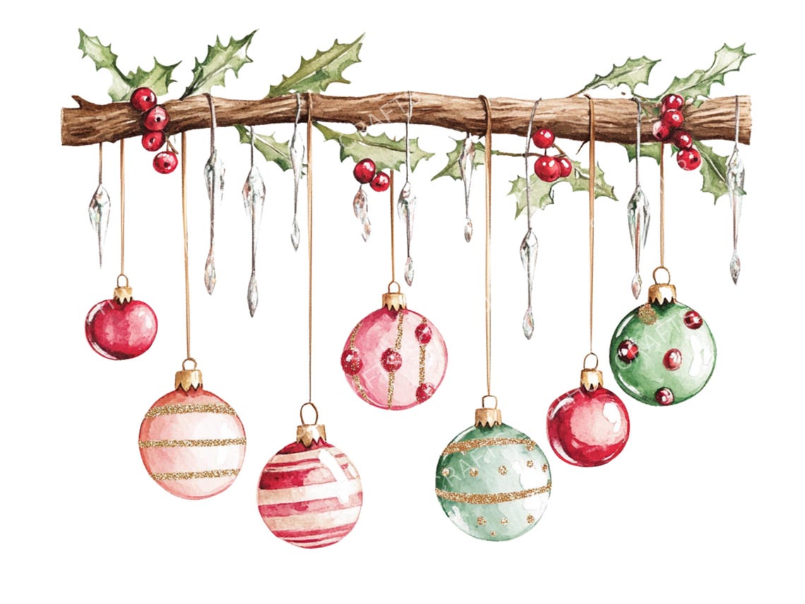 10 Watercolor Christmas Ornament Clipart: Holiday Decor PNG Images ...