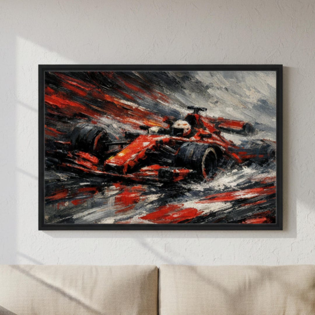 Abstract F1 Racing Canvas Wall Art , Red Car Speed Painting, Framed ...