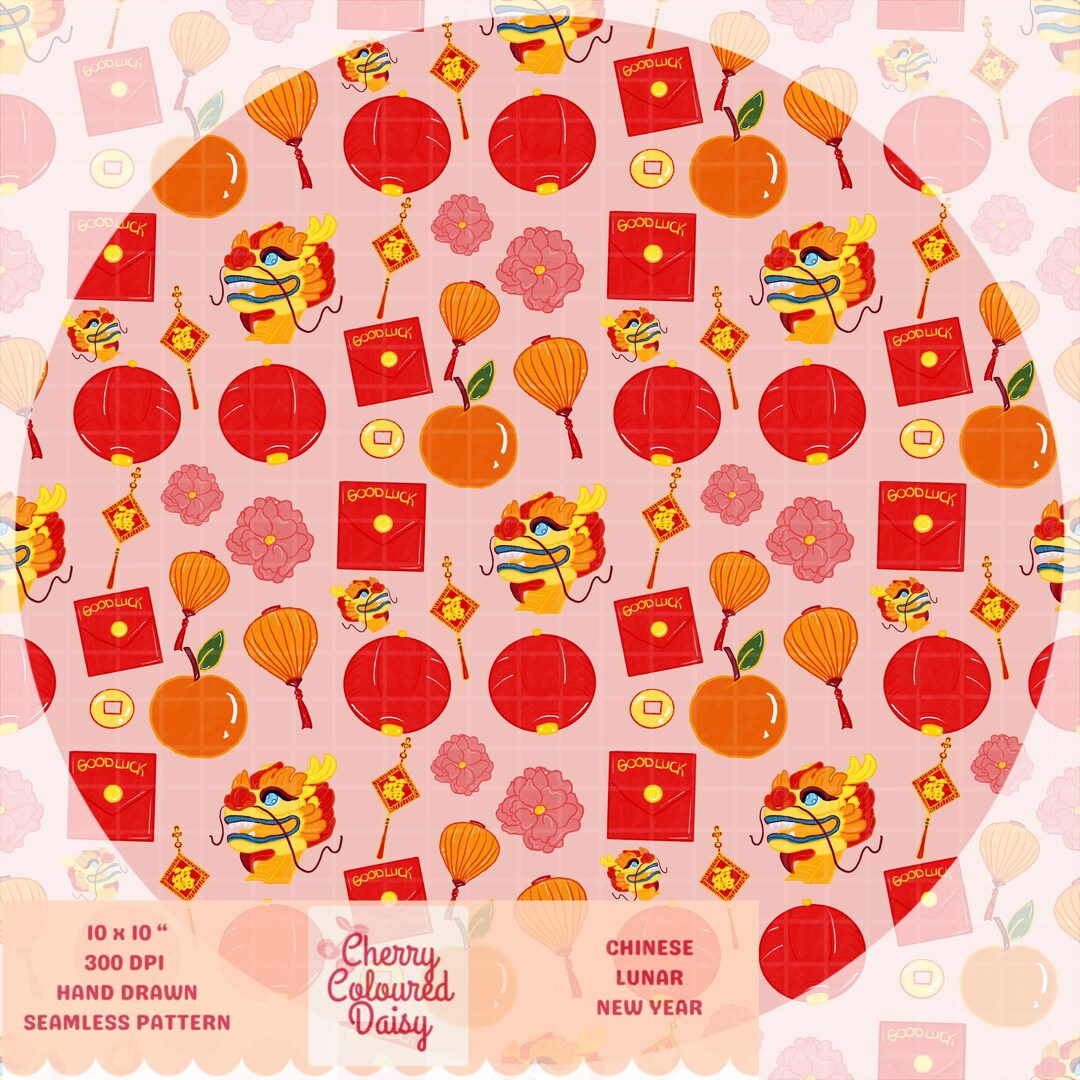 Chinese Lunar New Year Seamless Pattern | Red Lantern, Lion Dance Asian ...