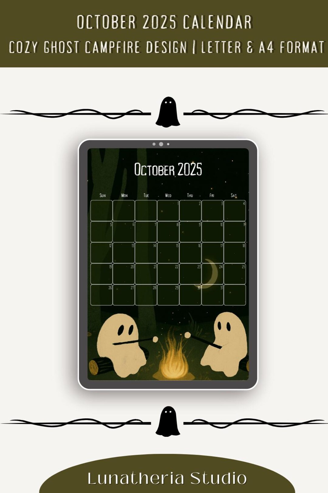 October 2025 Calendar: Cozy Ghost Campfire Design (digital Download ...