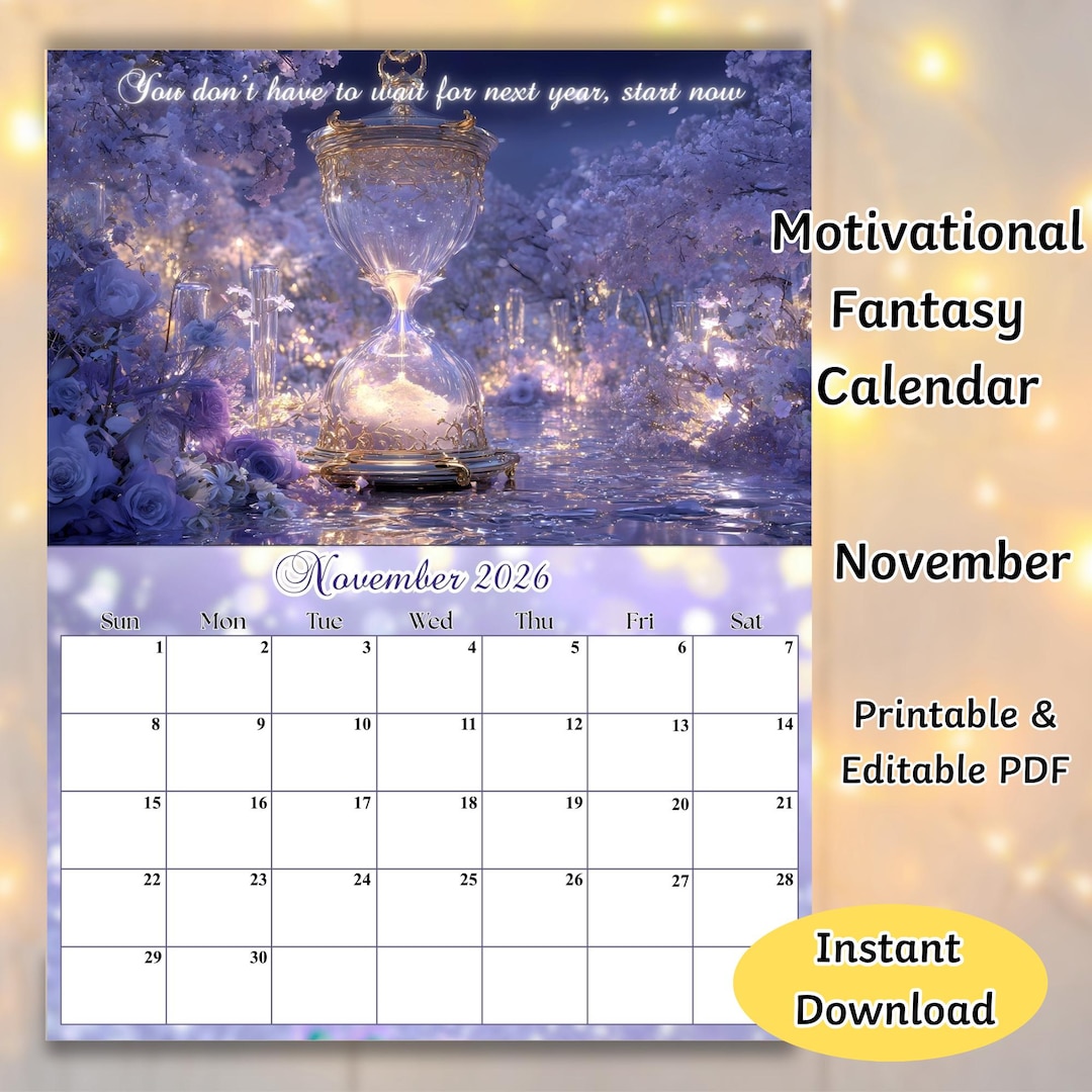 Calendario de noviembre de 2026 editable con temática de fantasía ...
