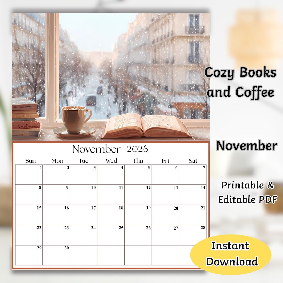 Calendario de noviembre de 2026 editable para amantes de los libros y ...