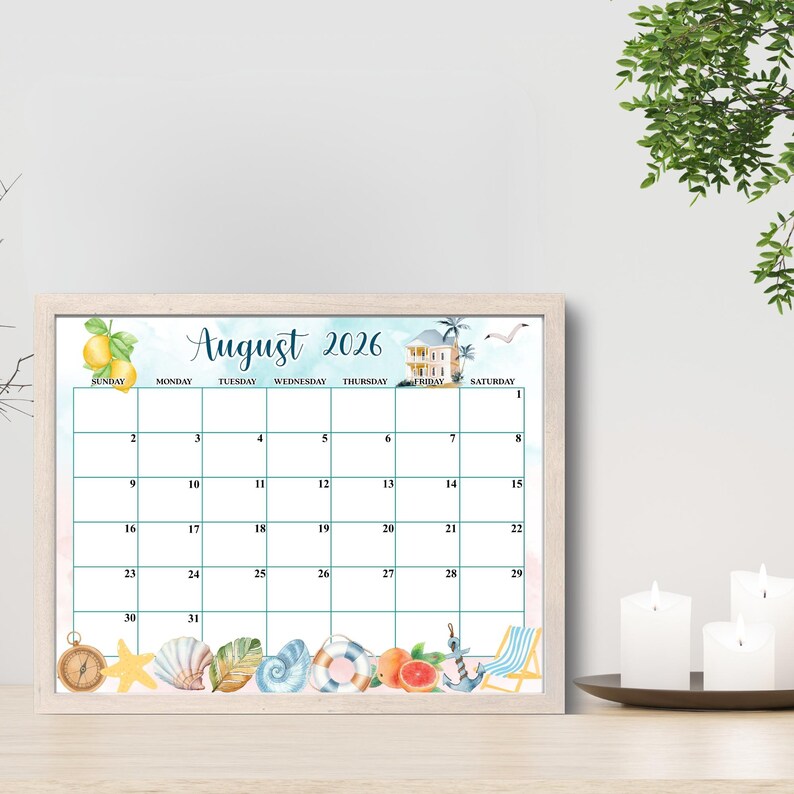 Coastal August Editable 2026 Calendar, PDF Editable, Summer Beach ...