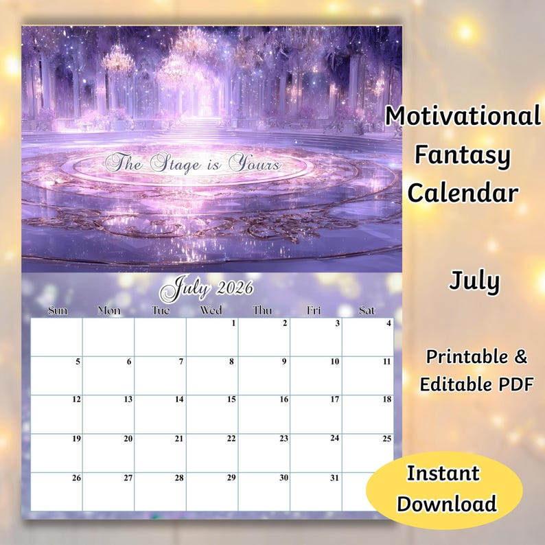 Motivational Fantasy Editable July 2026 Calendar, PDF Editable ...