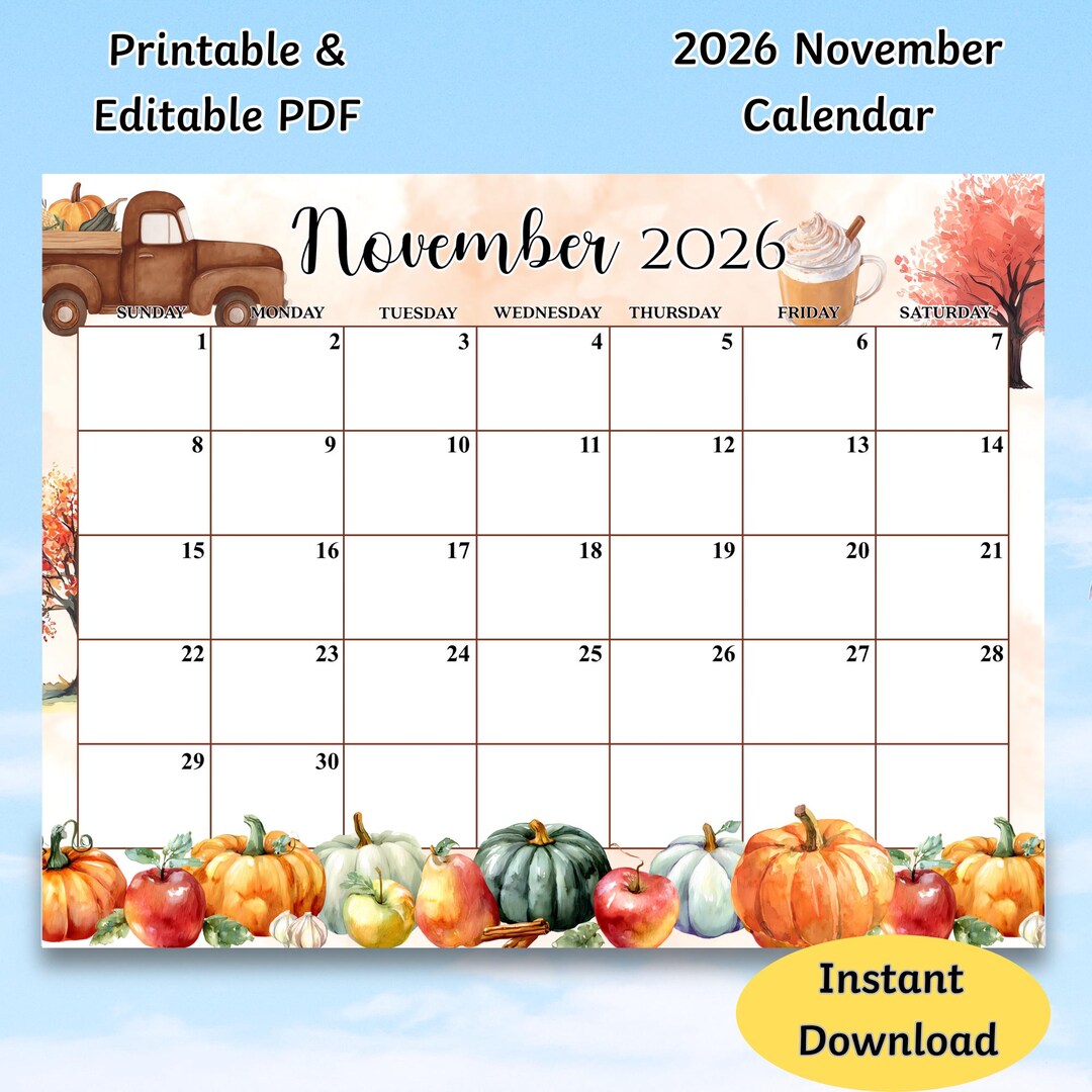 Calendario de noviembre de 2026 editable, PDF editable, planificador ...