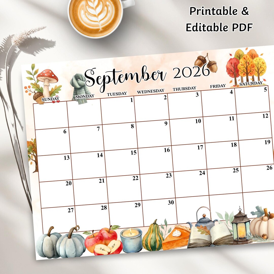 Editable September 2026 Calendar, PDF Editable, Fall Printable Planner ...