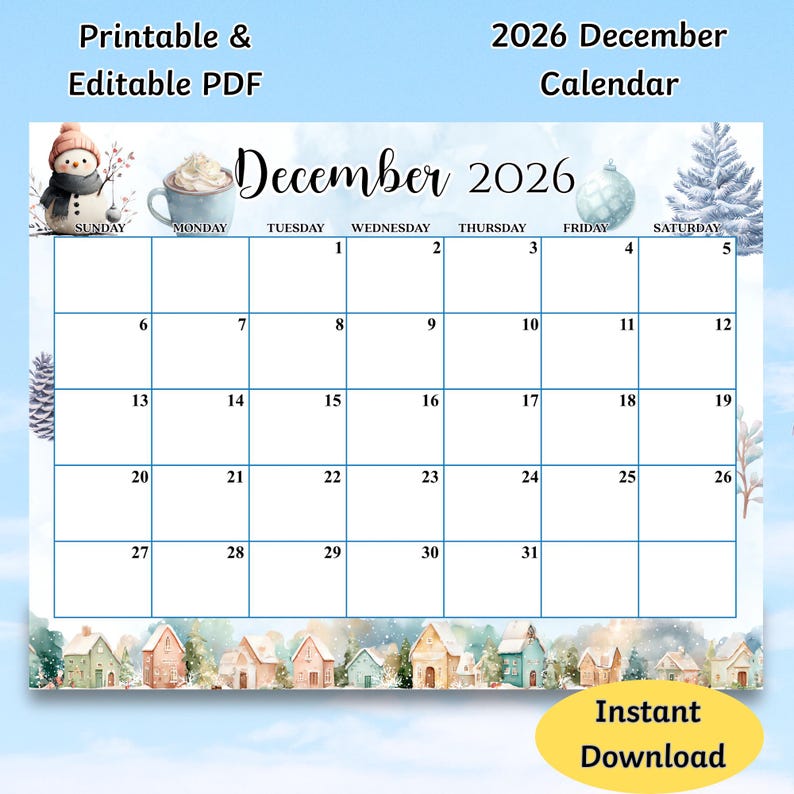 Editable December 2026 Calendar, PDF Editable, Printable Planner ...