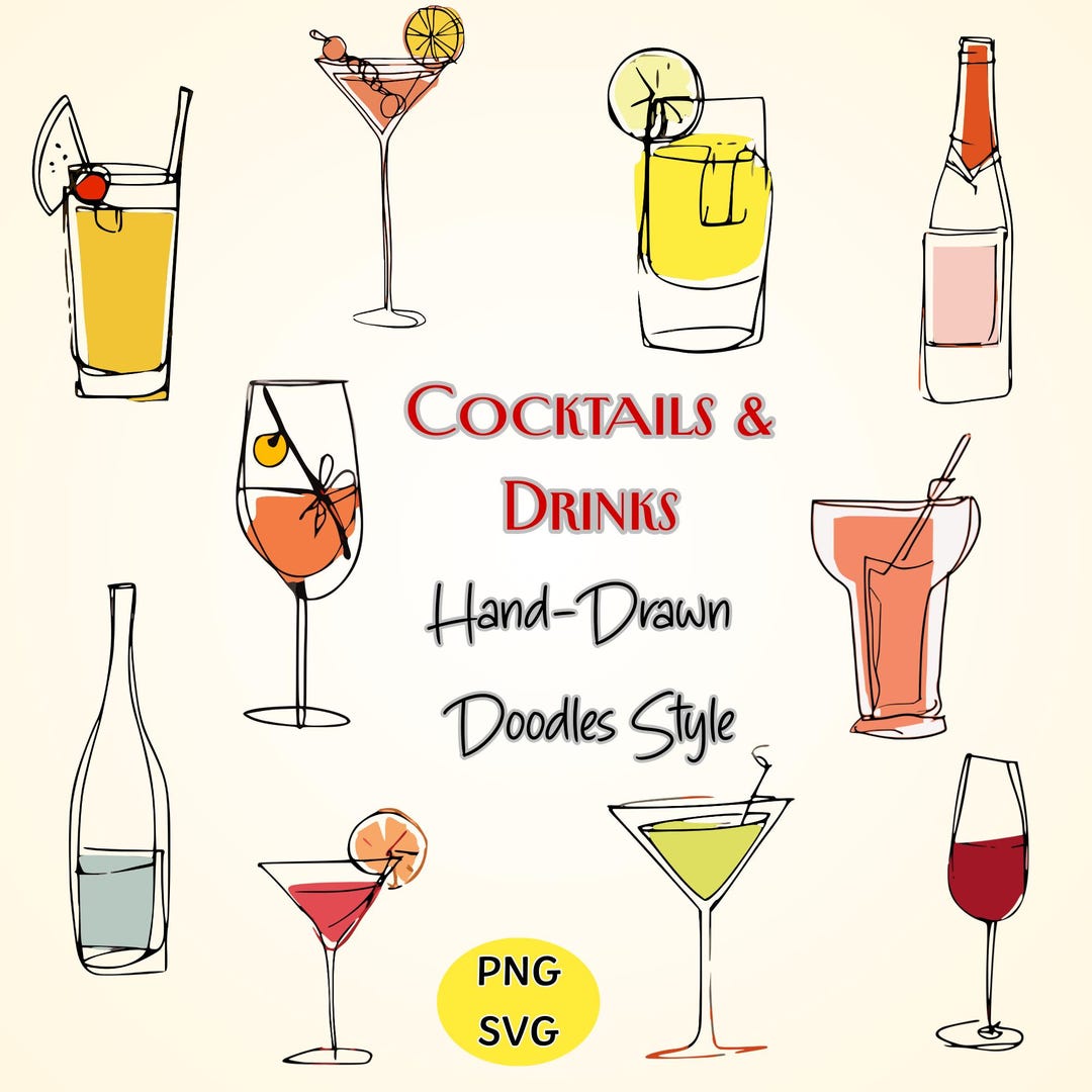Cocktails and Drinks SVG Bundle, Doodle Clipart, Sketch Style PNG, Bar ...