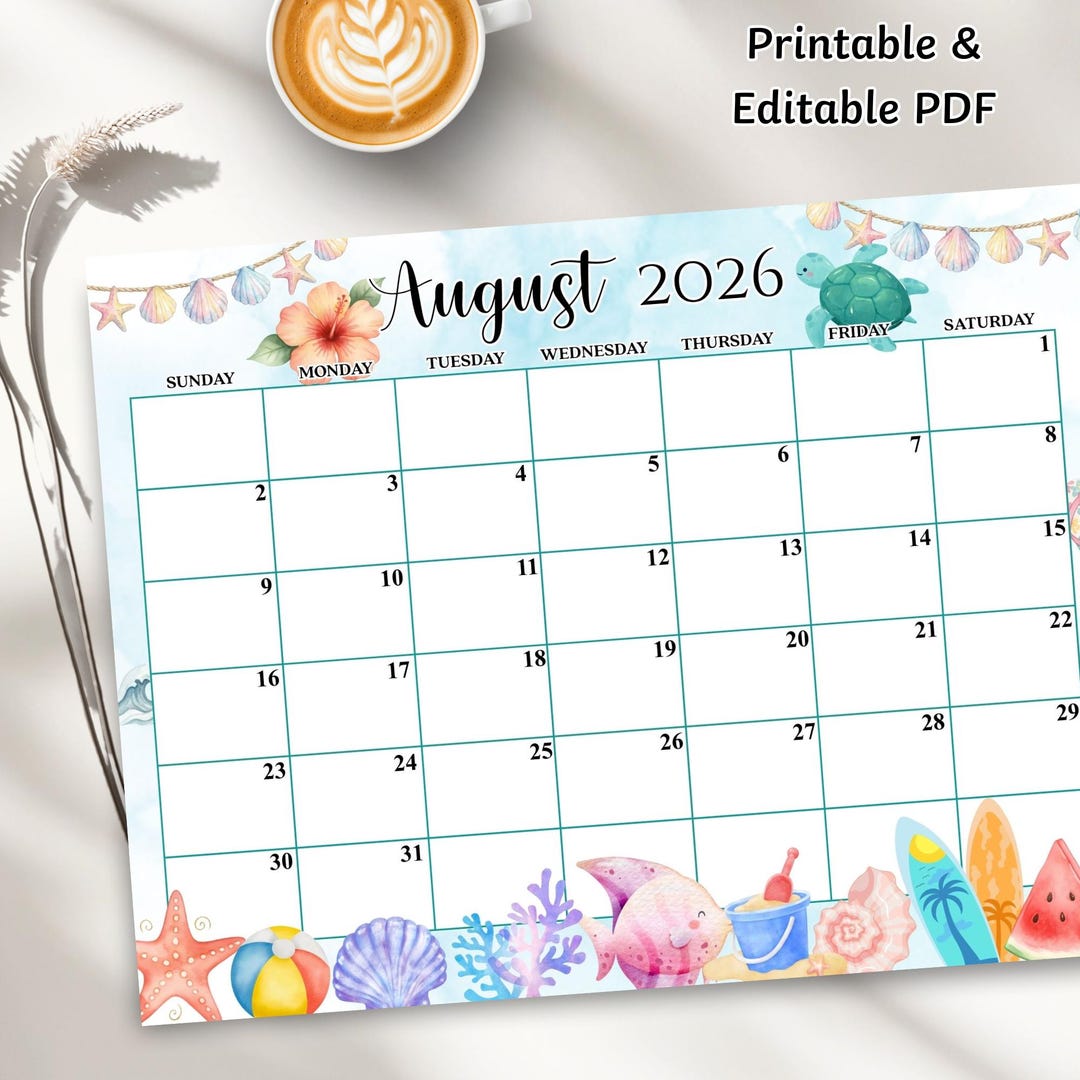 Editable August 2026 Calendar, PDF Editable, Summer Printable Planner ...
