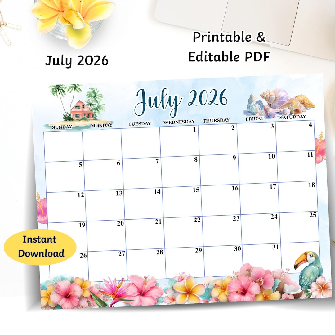 Tropical July Editable 2026 Calendar, PDF Editable, Summer Beach ...