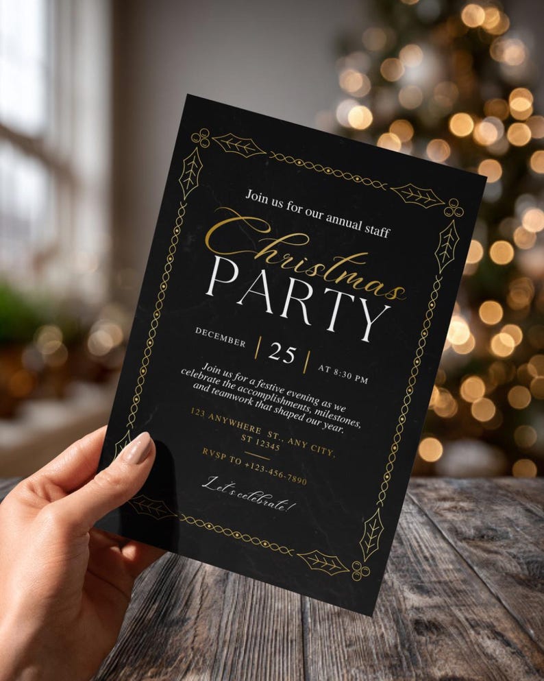 Editable Gold Corporate Christmas Party Invitation, Staff Holiday ...