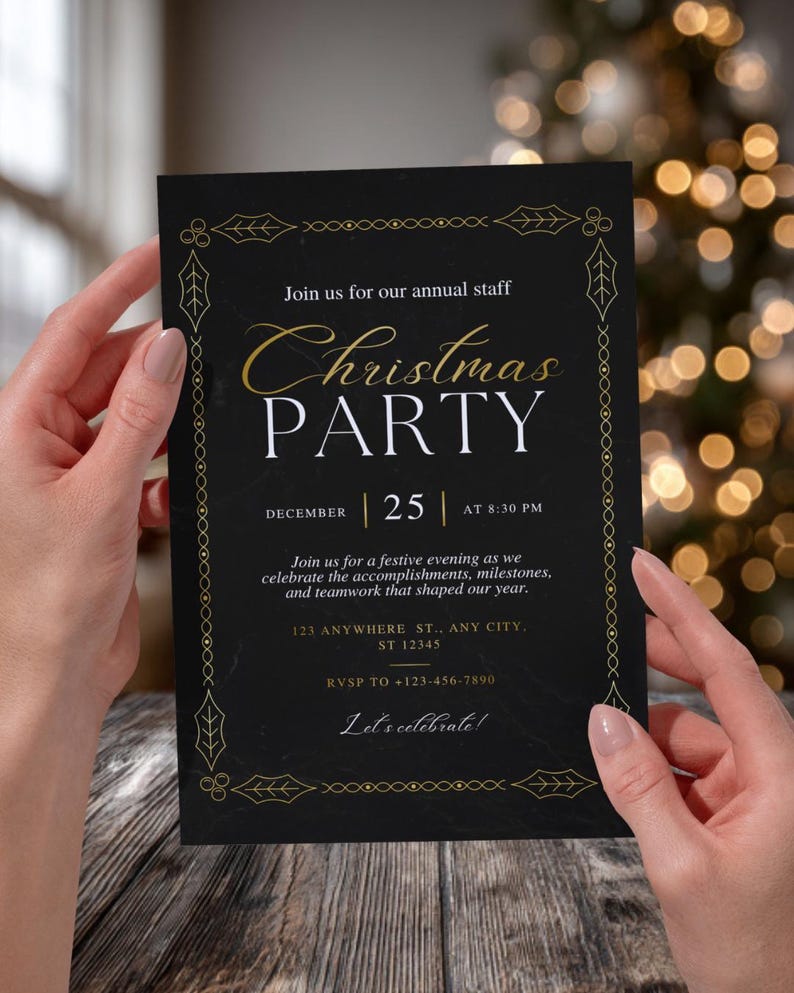 Editable Gold Corporate Christmas Party Invitation, Staff Holiday ...