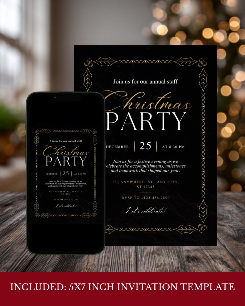 Editable Gold Corporate Christmas Party Invitation, Staff Holiday ...