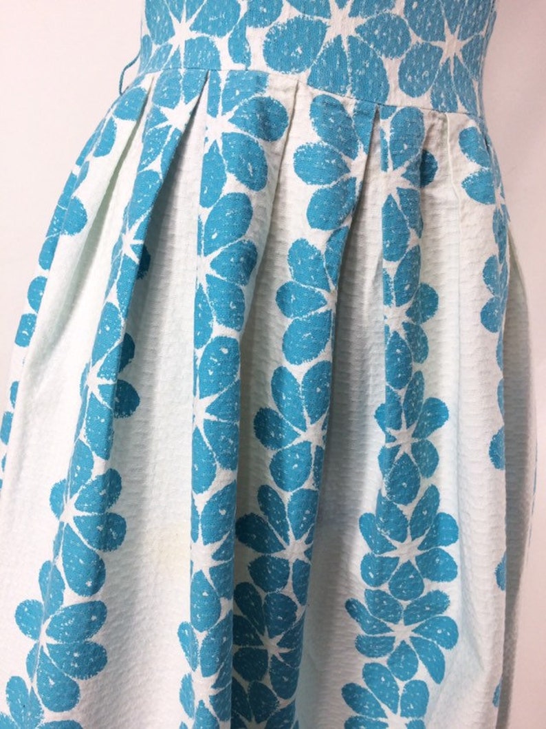 50s Teal Turquoise Blue White Floral Hawaaian Print Day Dress Sundress ...