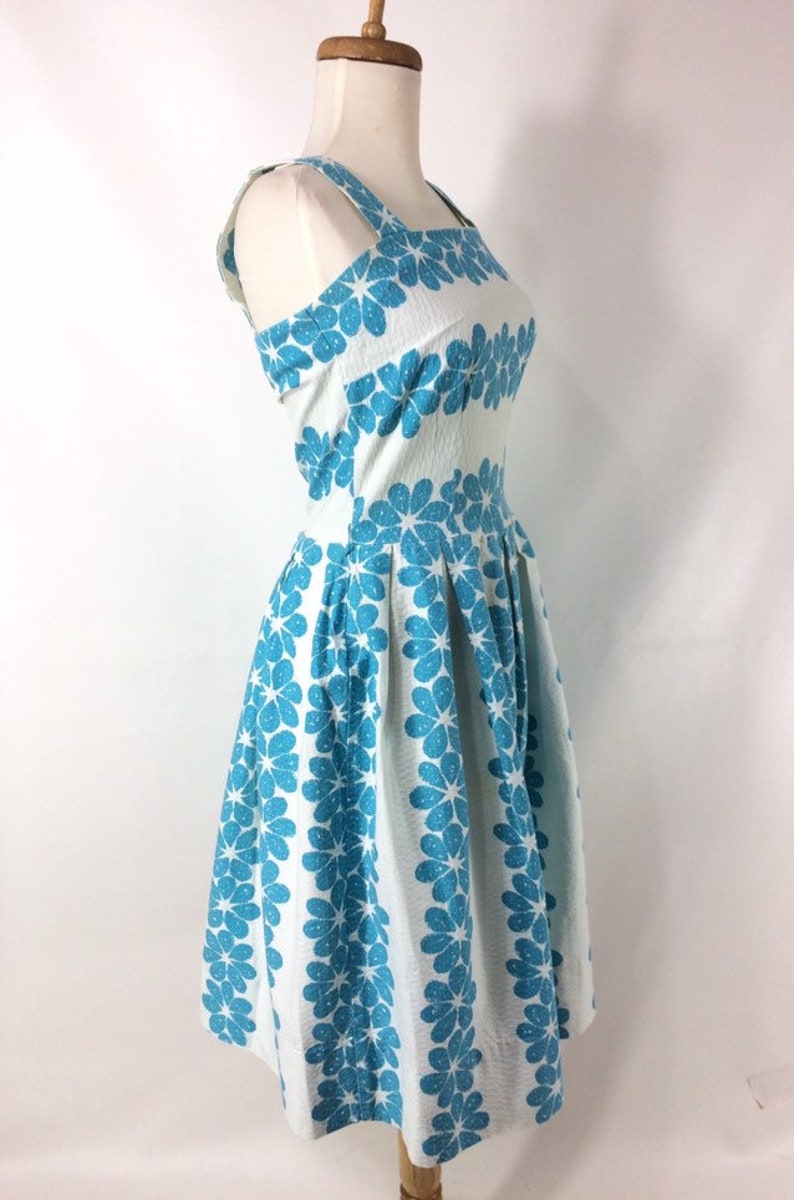 50s Teal Turquoise Blue White Floral Hawaaian Print Day Dress Sundress ...