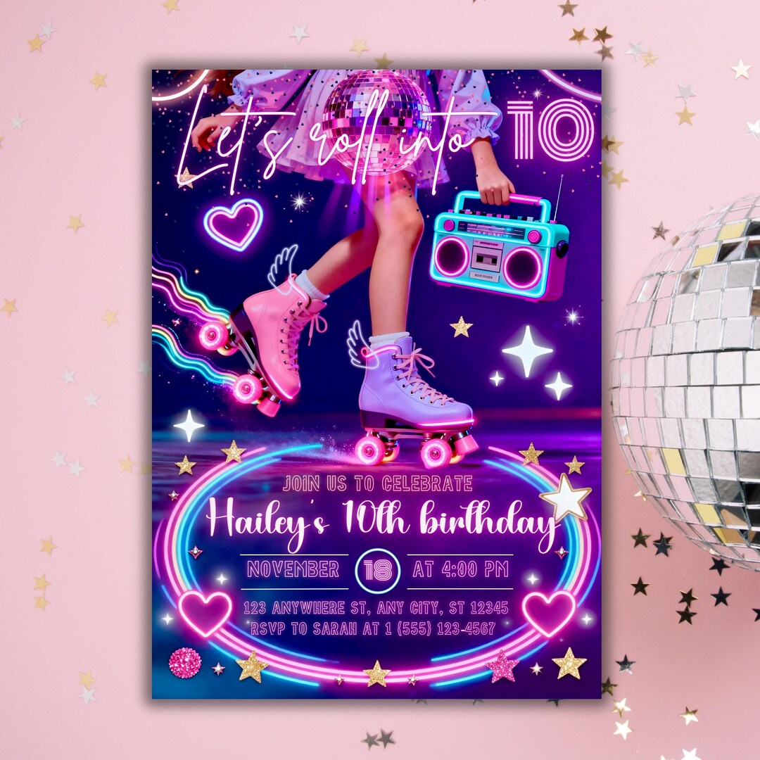 Neon Roller Skating Birthday Invitation: Editable Glow Party Invite ...