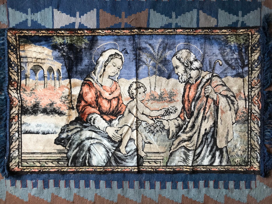 Vintage Nativity Scene Tapestry, Velvet Wall Hanging, Baby Jesus Mary ...